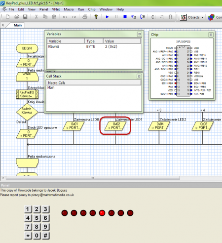 FlowCode. Obsługa klawiatury matrycowej, deklarowanie zmiennych ...